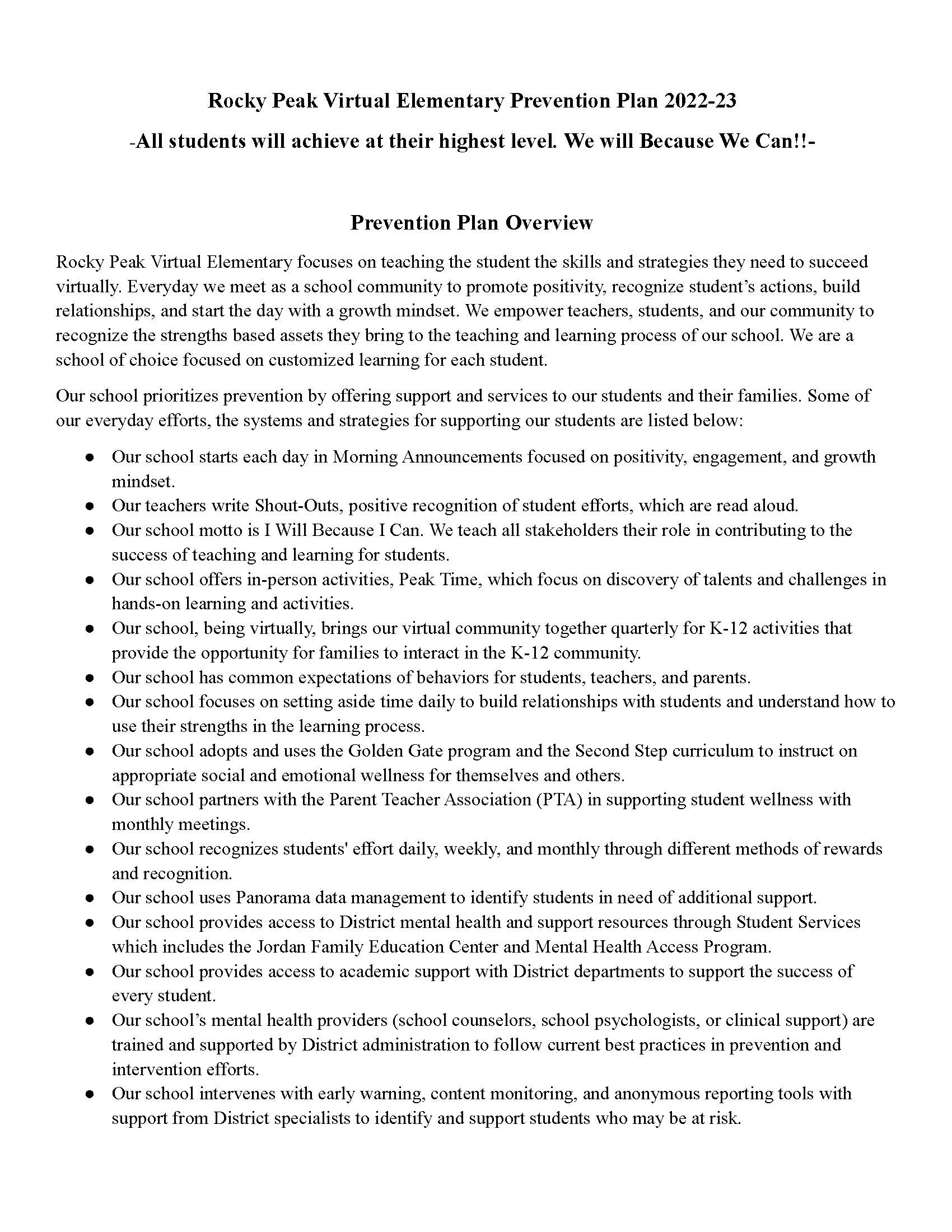RPV Prevention Plan – Rocky Peak Virtual Elementary